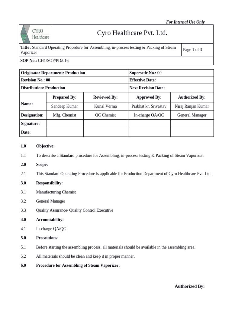 SOP for Assemblin Process for Steam Vaporizer | PDF | Quality | Business Process