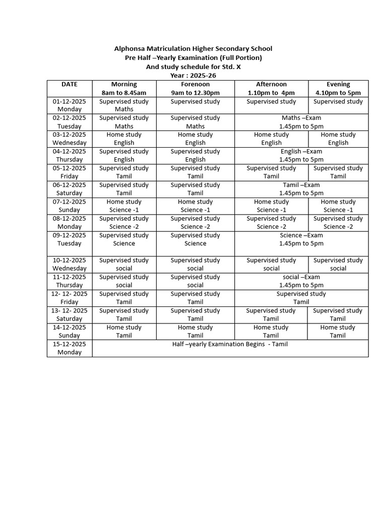 Pre Half - Yearly Study & Exam Schedule - 2025 | PDF