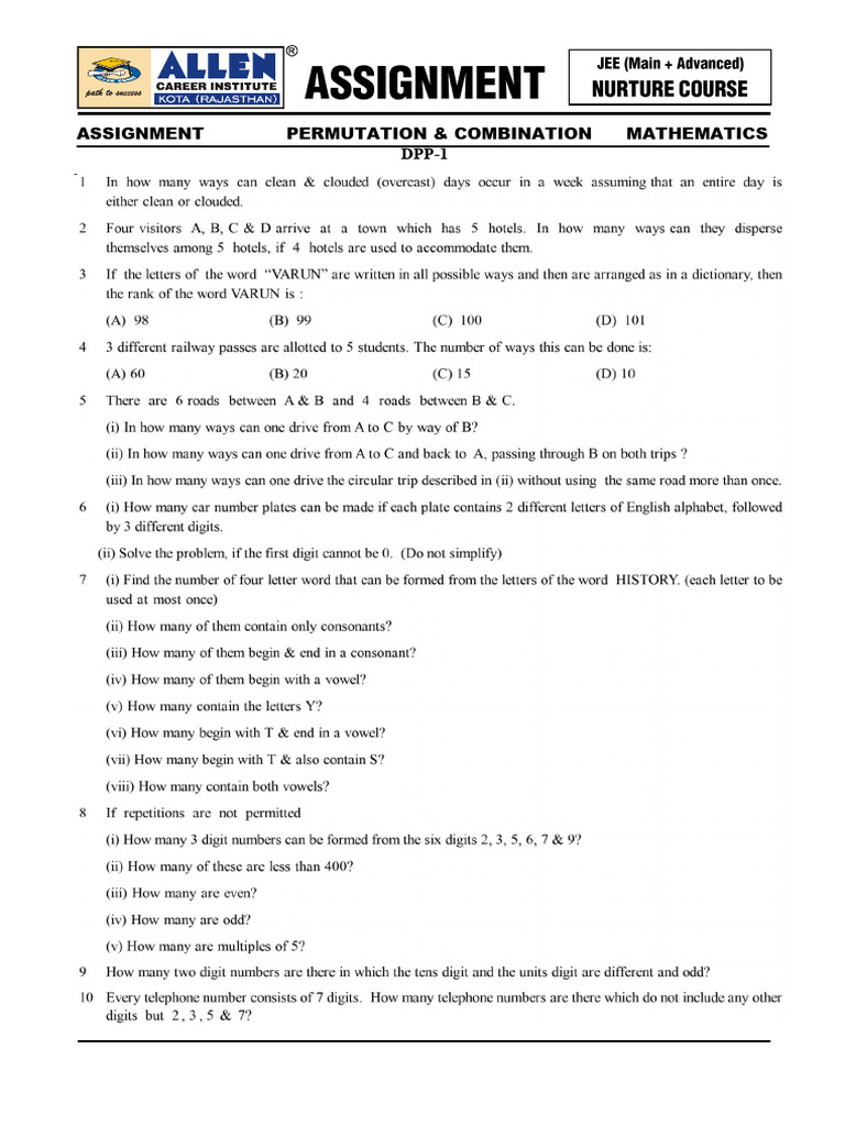 Assignment Permutation & Combination Mathematics | PDF