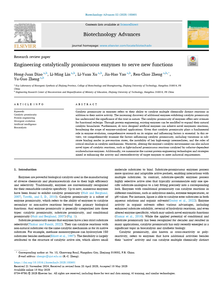 Engineering Catalytic Promiscuity in Enzymes | PDF | Enzyme | Catalysis