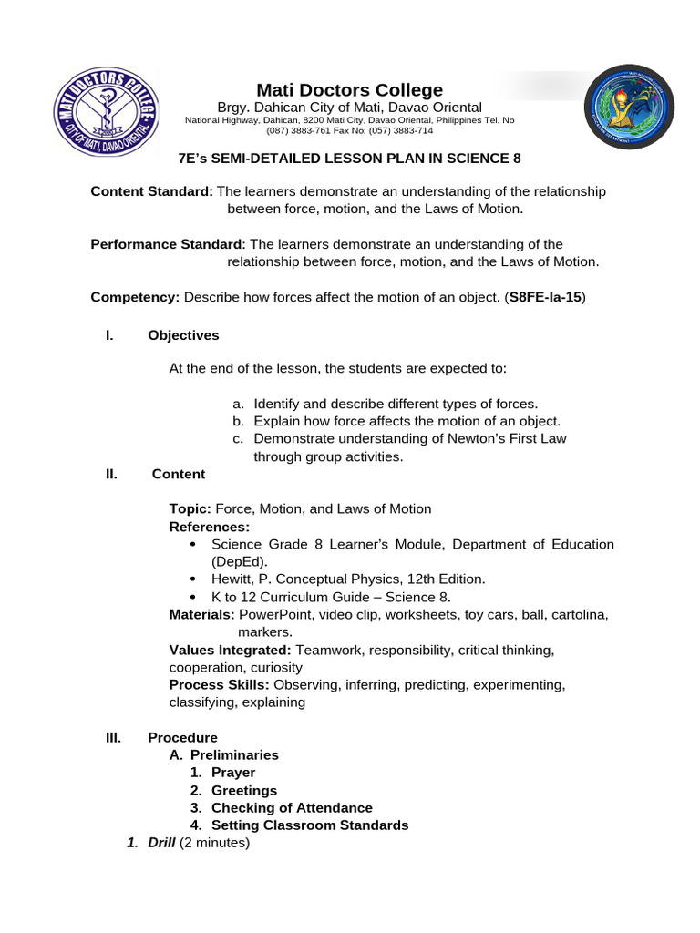 7Es Lesson Plan | PDF | Force | Newton's Laws Of Motion