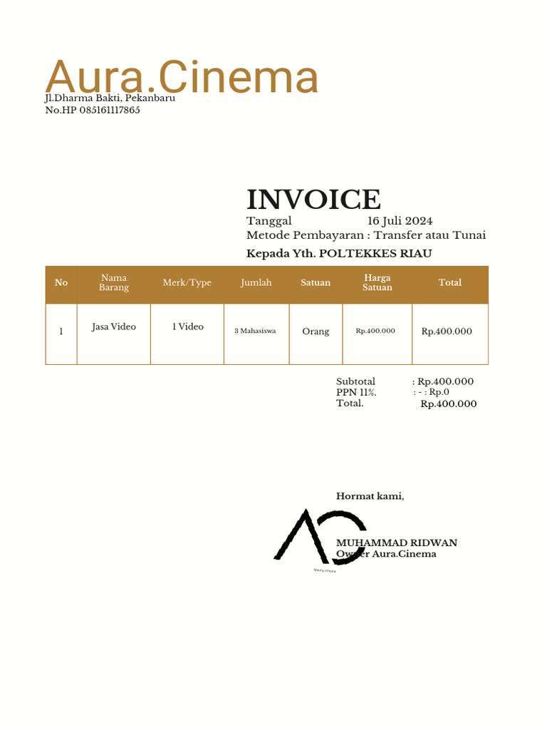 Invoice Jasa Video Aura.Cinema | PDF