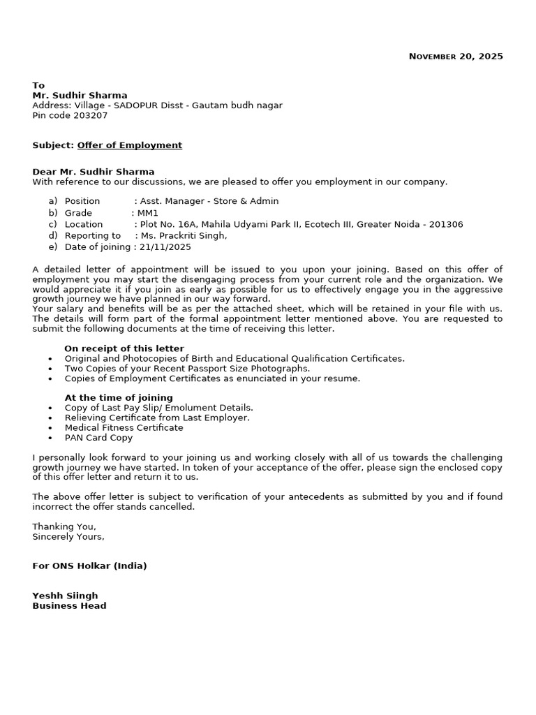 Employment Offer for Asst. Manager Position | PDF
