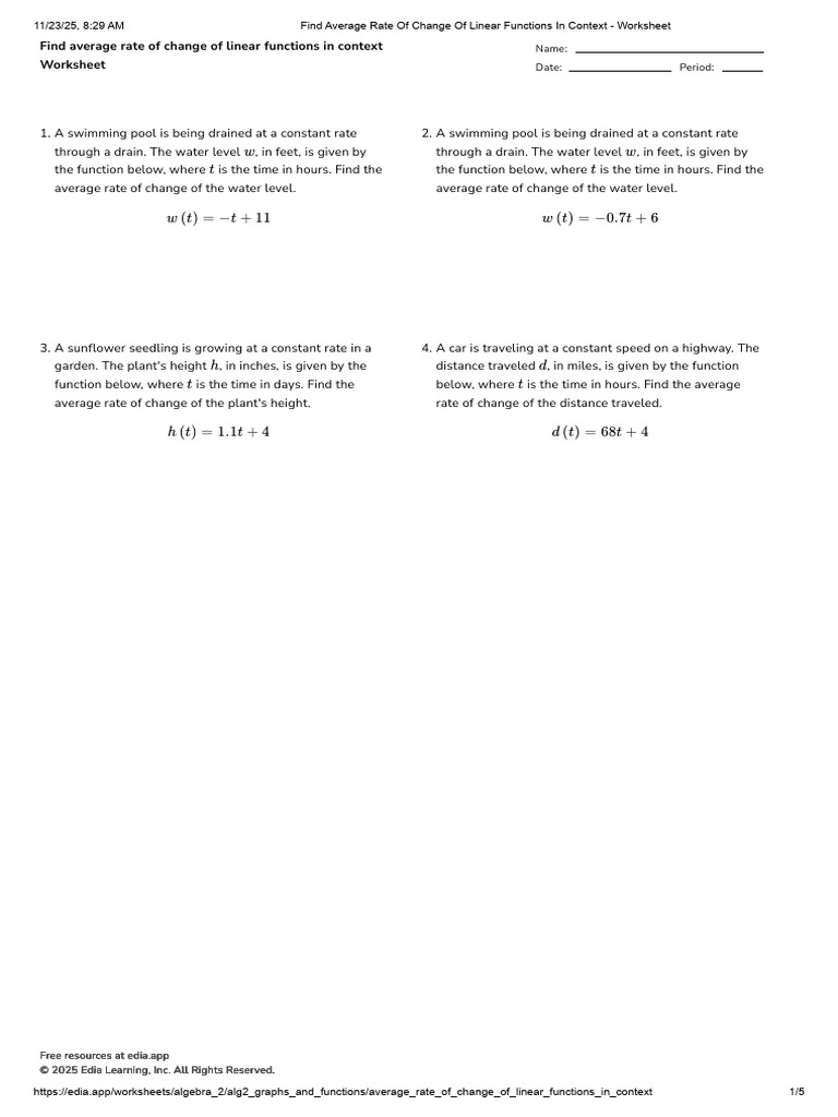Find Average Rate of Change of Linear Functions in Context - Worksheet ...