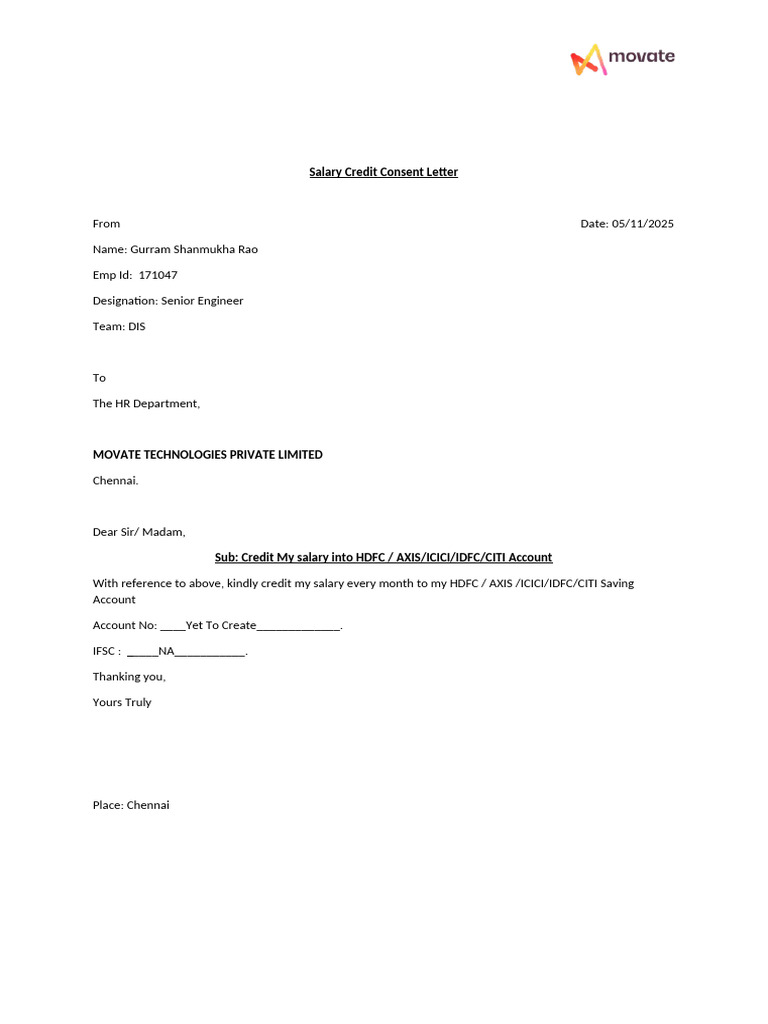 Salary Credit Consent Letter Template | PDF