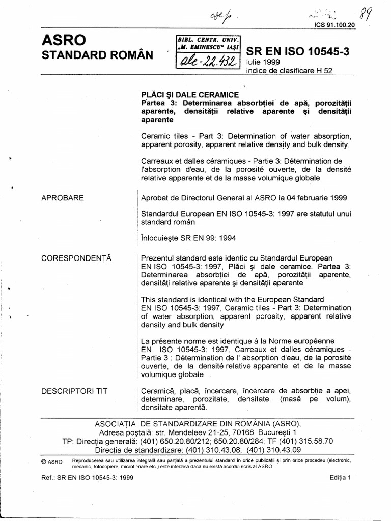 SR en ISO 10545-3-99 - Placi Si Dale Ceramice - Determinarea Absorbtiei ...