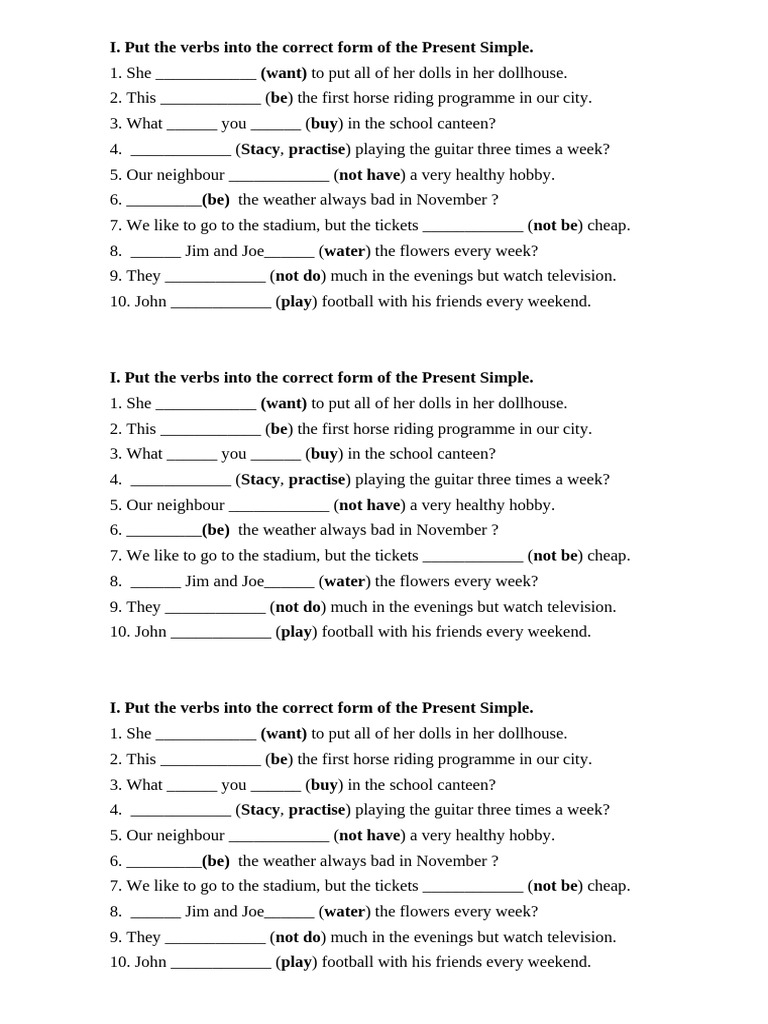 Present Simple Verb Exercises | PDF