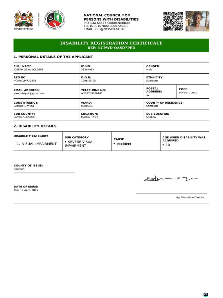 NCPWD QASD7PED Disability Registration Certificate | PDF