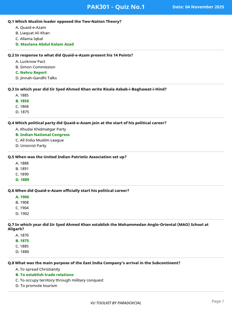 PAK301 Quiz: Key Historical Questions | PDF