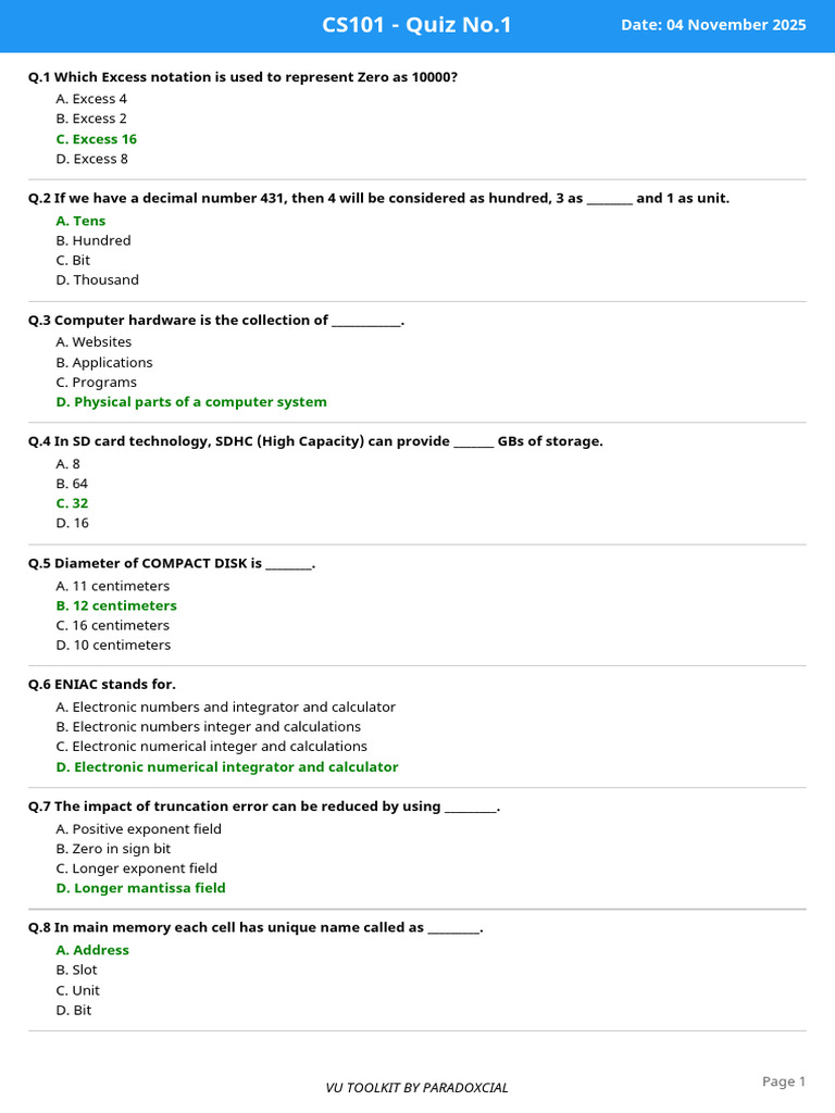 Cs101 Quiz 1 Computer Basics And Notation Pdf
