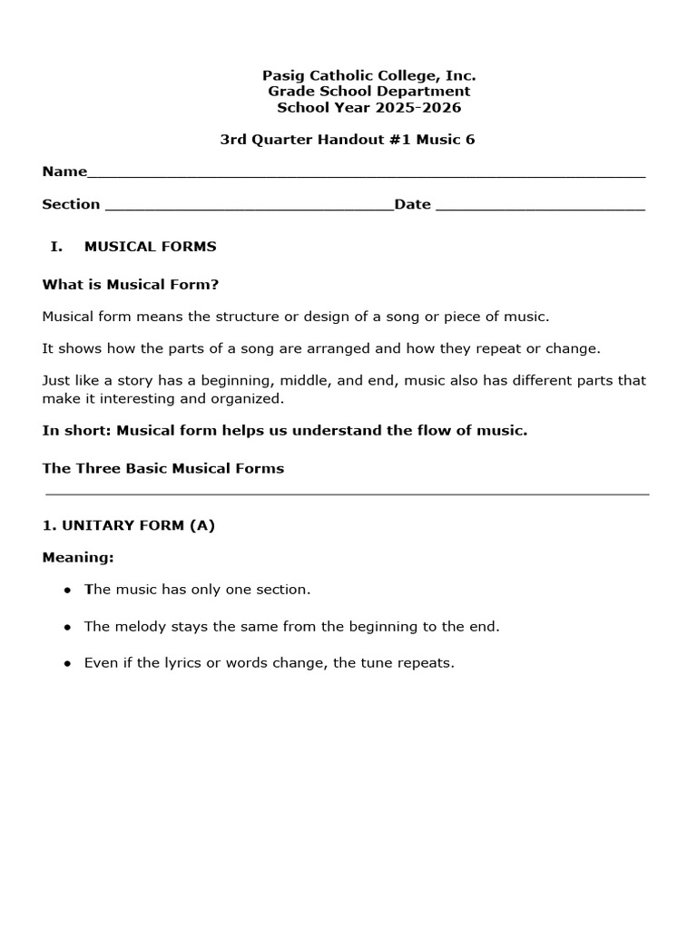 3nd Quater Handout 1 Music 6 | PDF | Musical Forms | Performing Arts