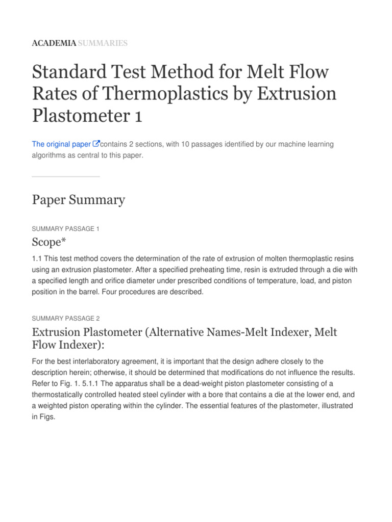 Academia Summary - Standard Test Method For Melt Flow Rates of ...