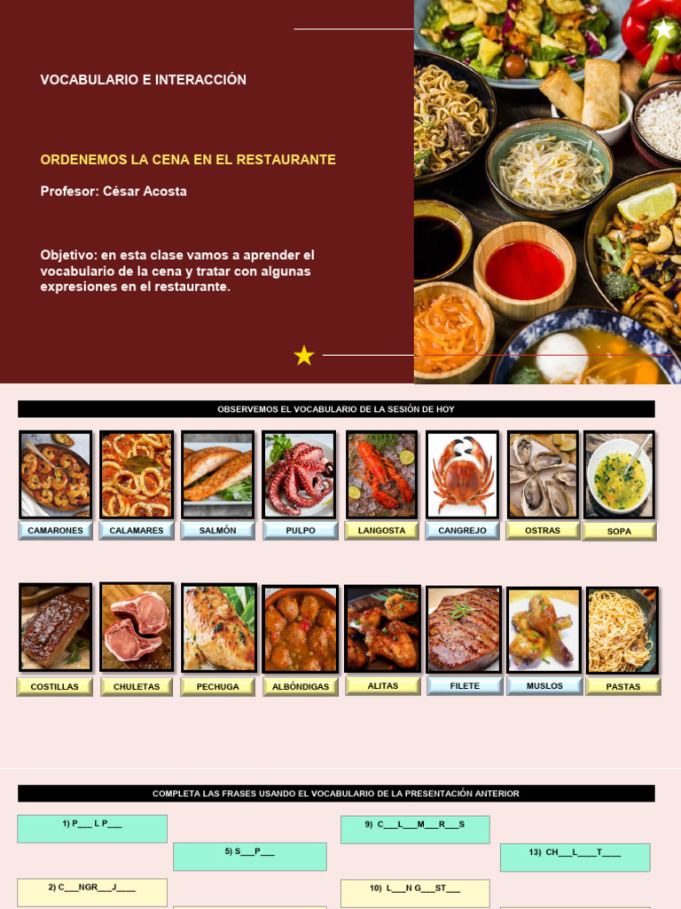 Vocabulario de Cena en Restaurante | PDF | Parilla | ensalada