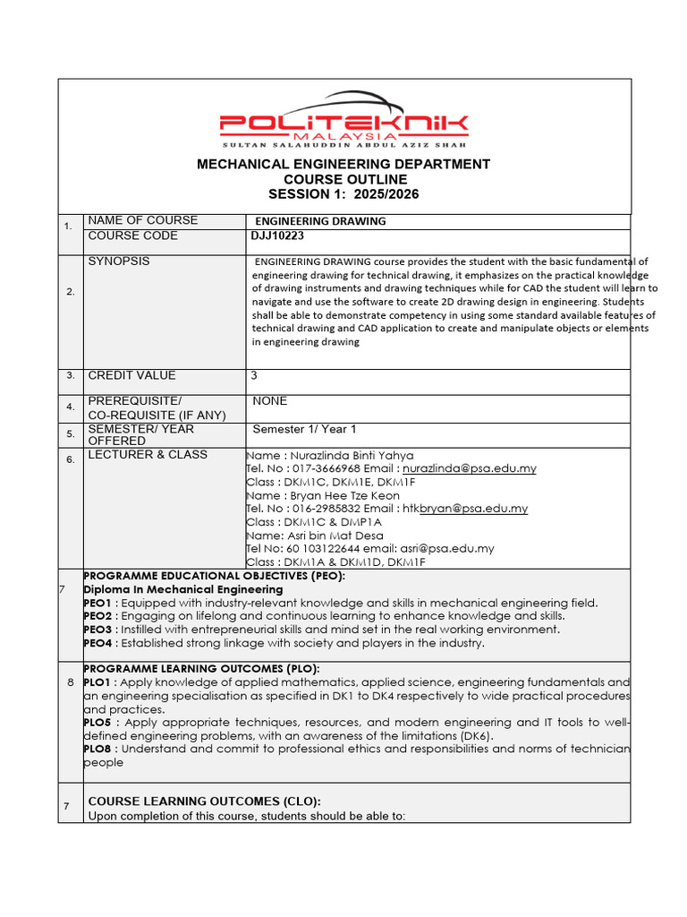 Engineering Drawing Course Outline 2025 | PDF | Engineering | Technical ...