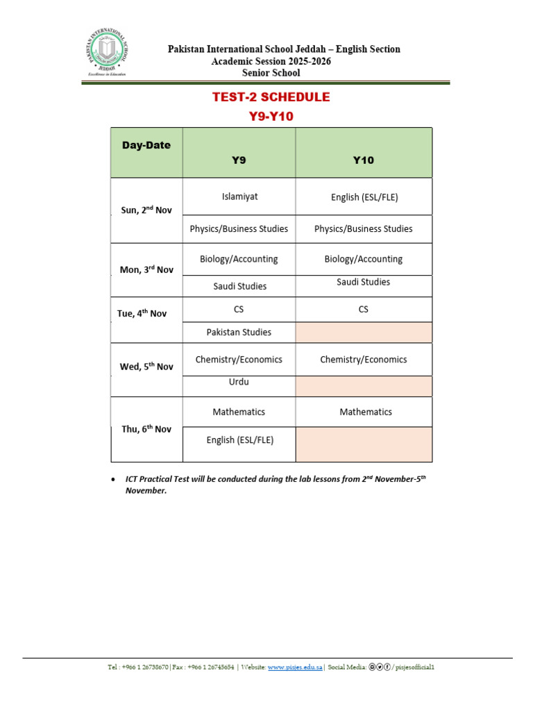 Y9-Y10-Test 2 Schedule and Lesson Timings | PDF