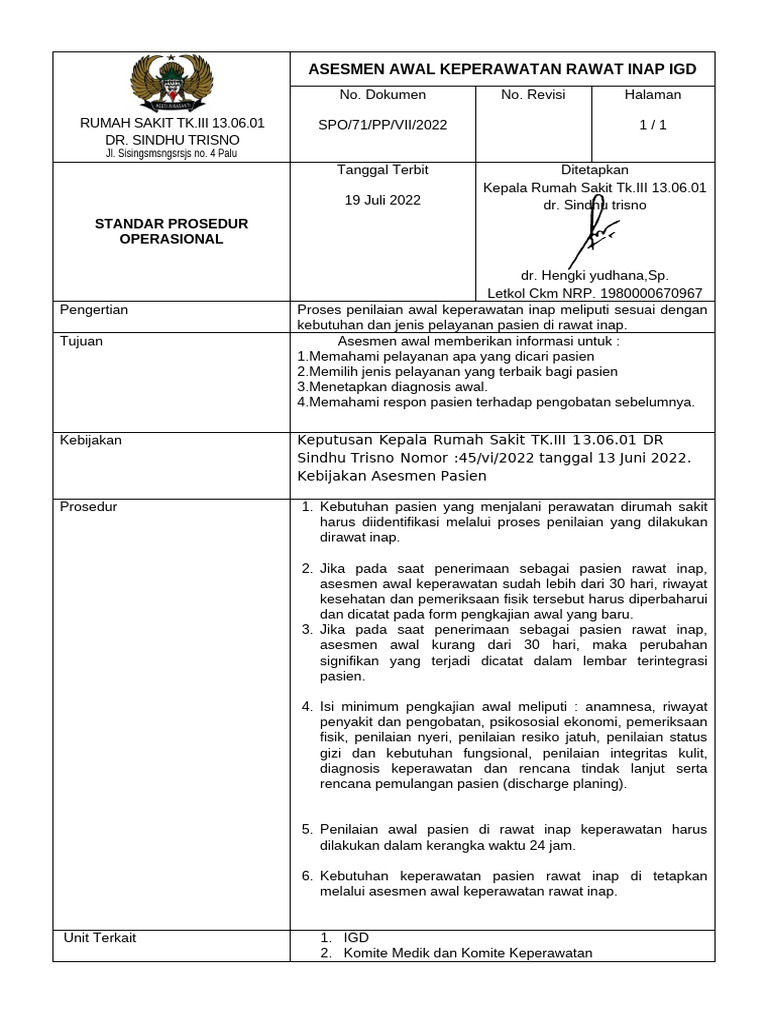 Assesmen Awal Keperawatan Inap | PDF