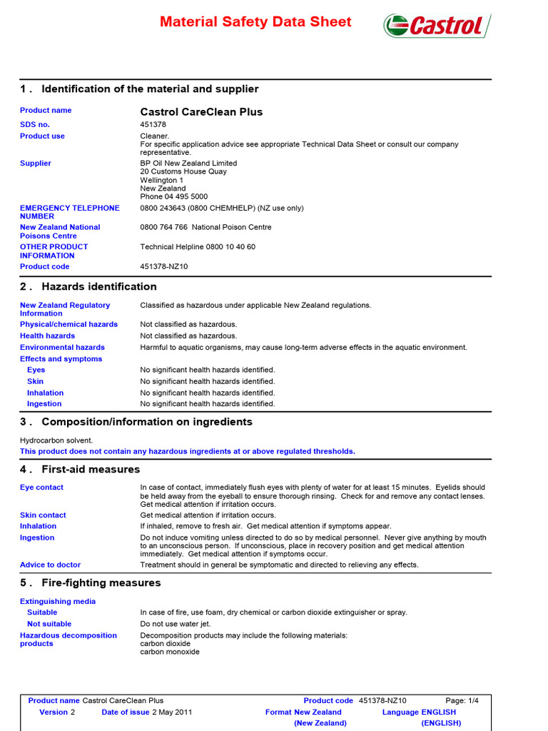 Castrol CareClean Plus Safety Data Sheet | PDF | Personal Protective ...