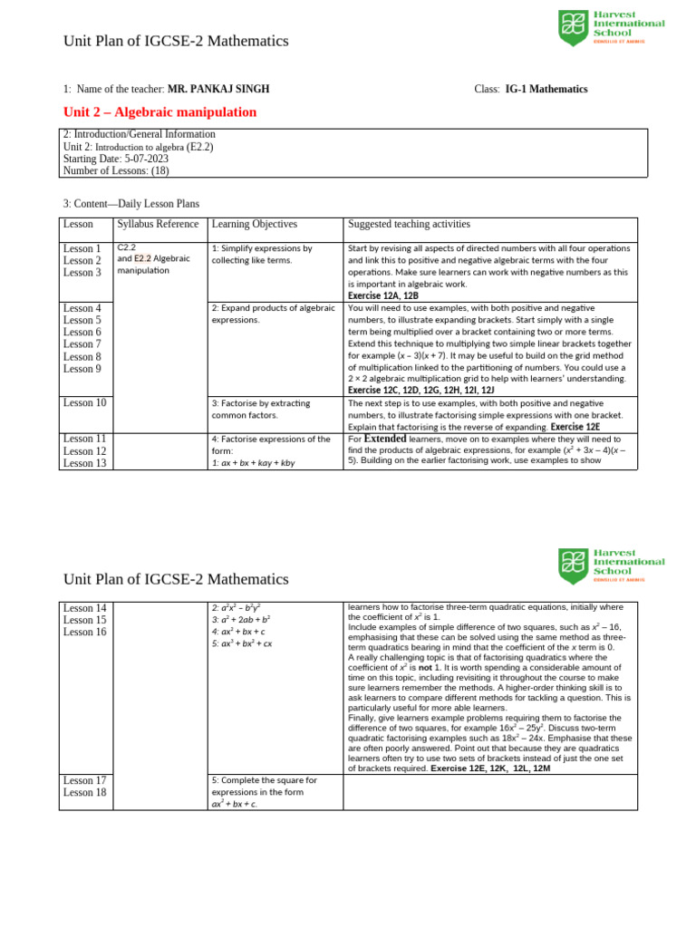 IGCSE-2 Algebra Unit Plan Overview | PDF | Factorization | Quadratic ...