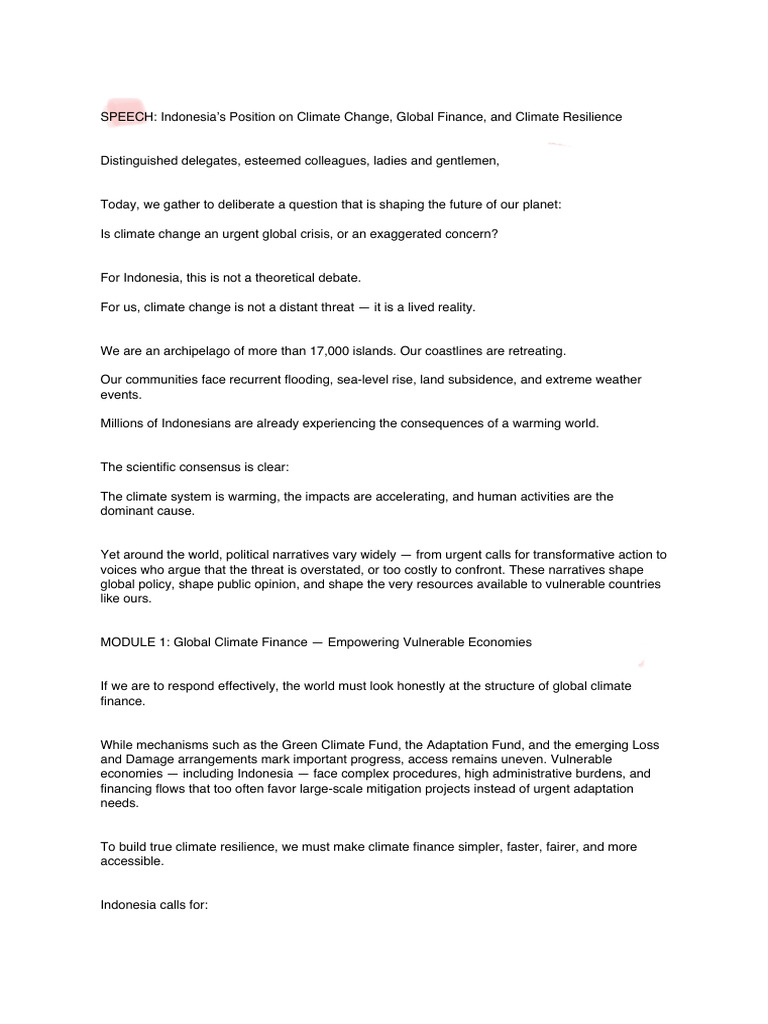 Indonesia Climate Speech 2 | PDF | Climate Change | Climate Resilience