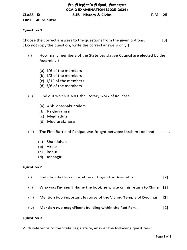 History and Civics - Class-IX CCA-2 (2025-2026) | PDF
