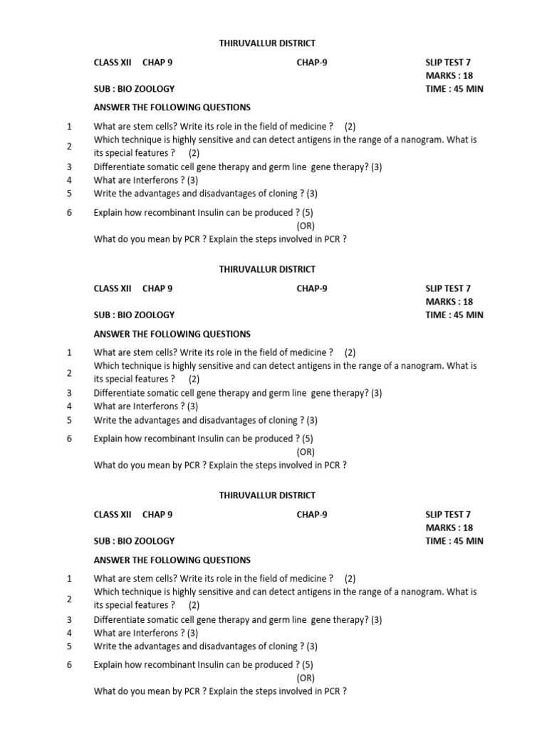 XII BIO ZOO - SLIP Test 7 H | PDF | Recombinant Dna | Gene Therapy