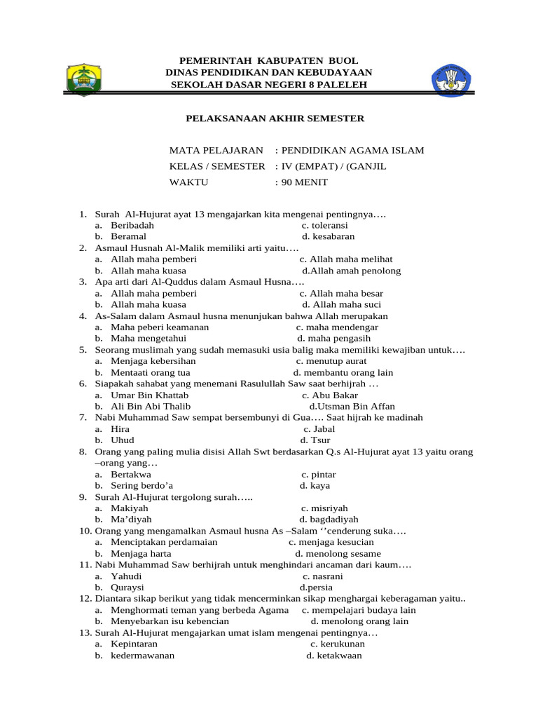 Soal PAS PAI Kelas 4 SEM 1 | PDF