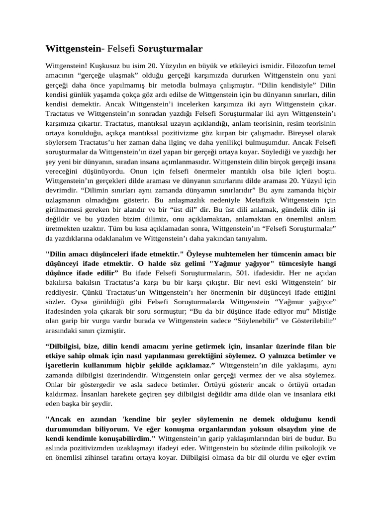 Felsefi Sorusturmalar Wittgenstein | PDF