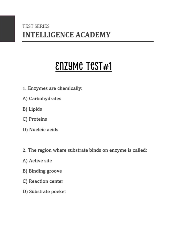 Enzyme Test by Intelligence Academy | PDF | Enzyme | Enzyme Inhibitor
