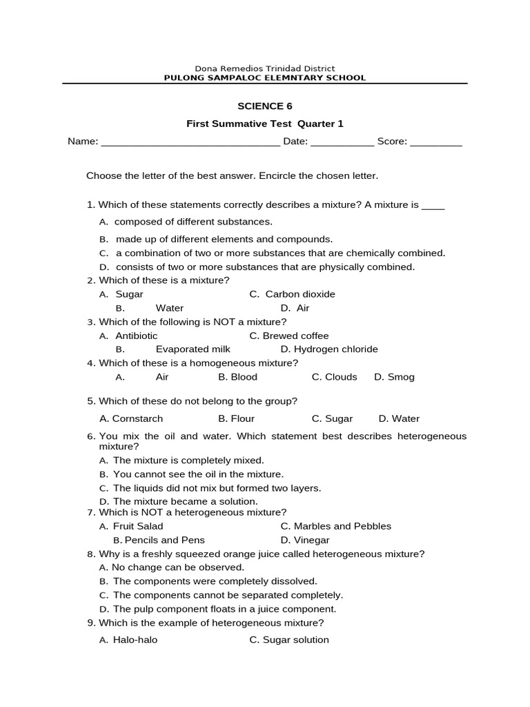 Science 6 Mixtures Summative Test | PDF | Mixture | Chemistry