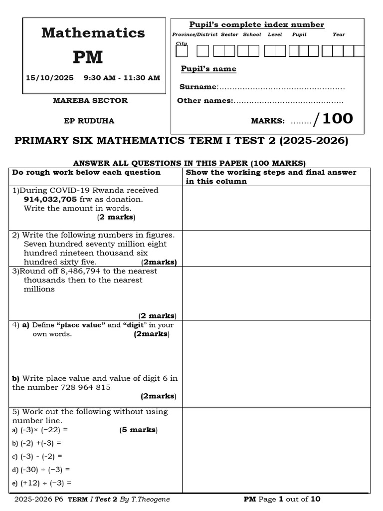 P6 MATH TRM I TEST 2 2025-2026-1 (2) | PDF | Integer | Mathematics
