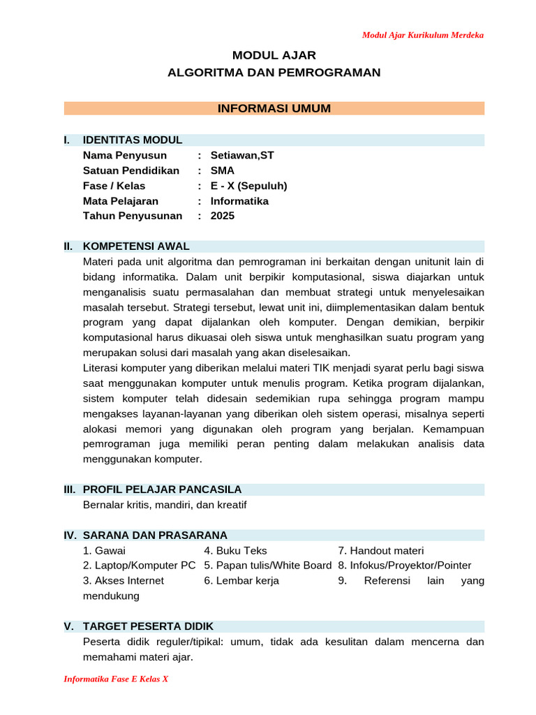 Modul Ajar Algoritma Kelas X Informatika | PDF
