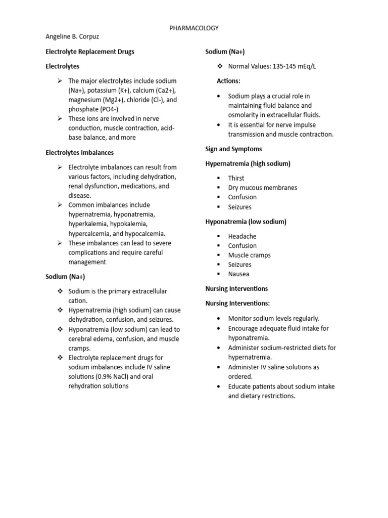PHARMA MIDTERM Electrolyte-Replacement-Drugs | PDF | Medical Specialties