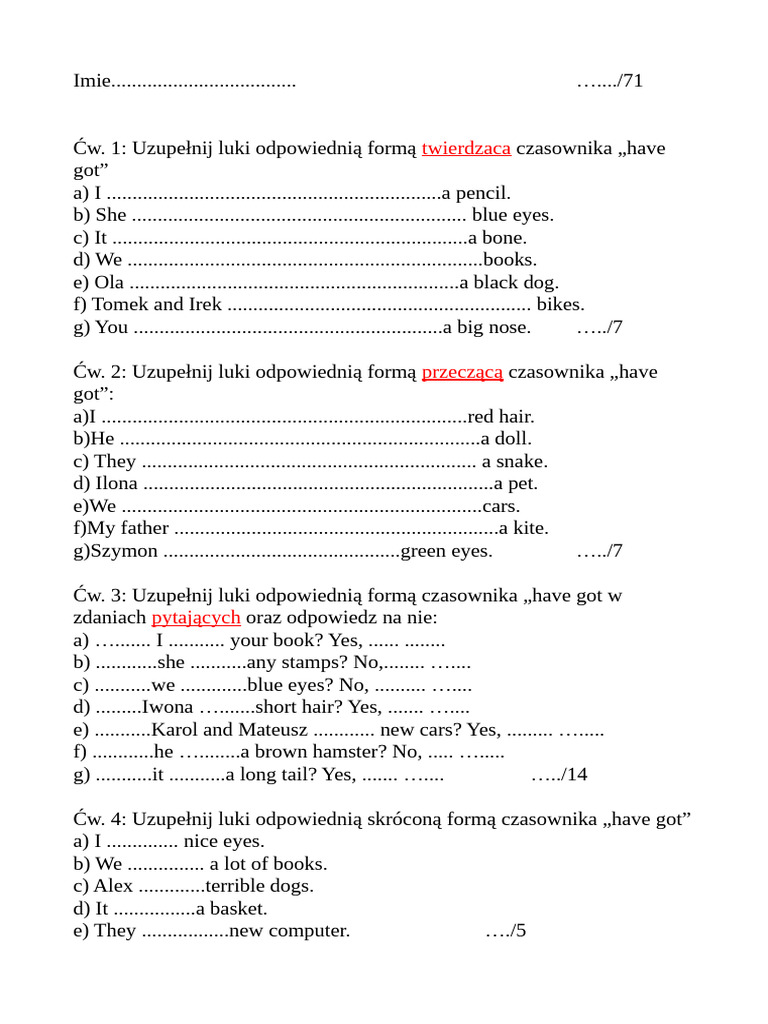 Have Got Has Got Test | PDF