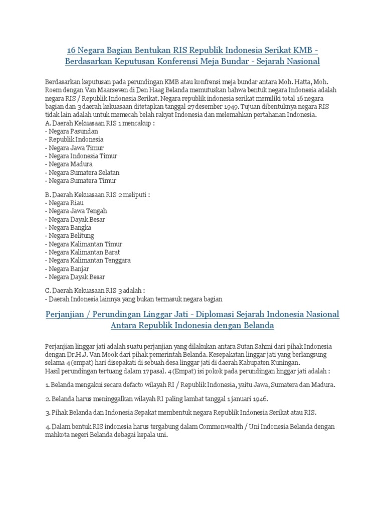 16 Negara Bagian Bentukan RIS Republik Indonesia Serikat KMB | PDF ...