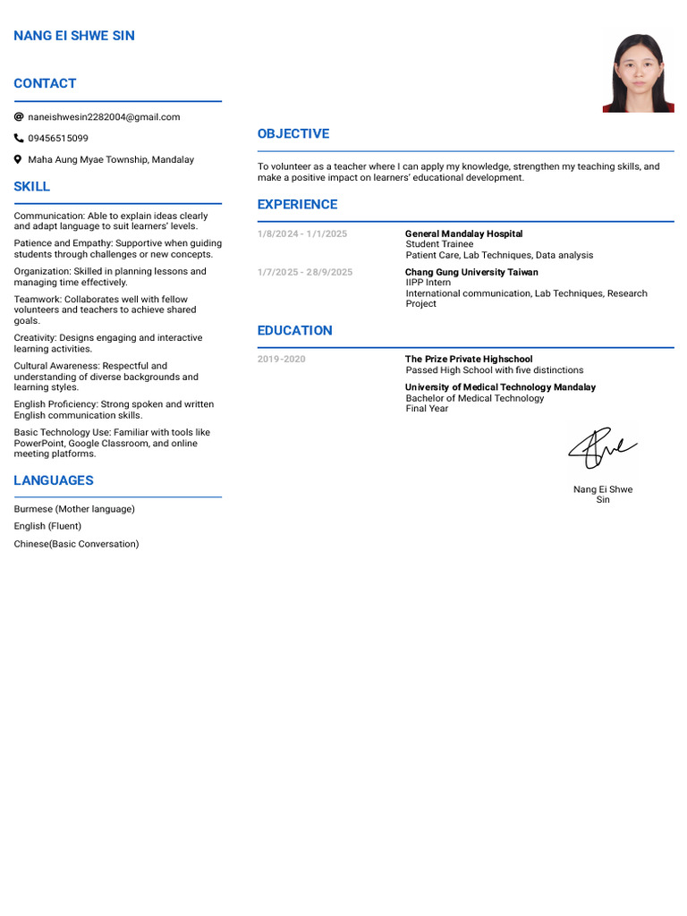 CV Nang EI Shwe Sin | PDF | Communication | Learning
