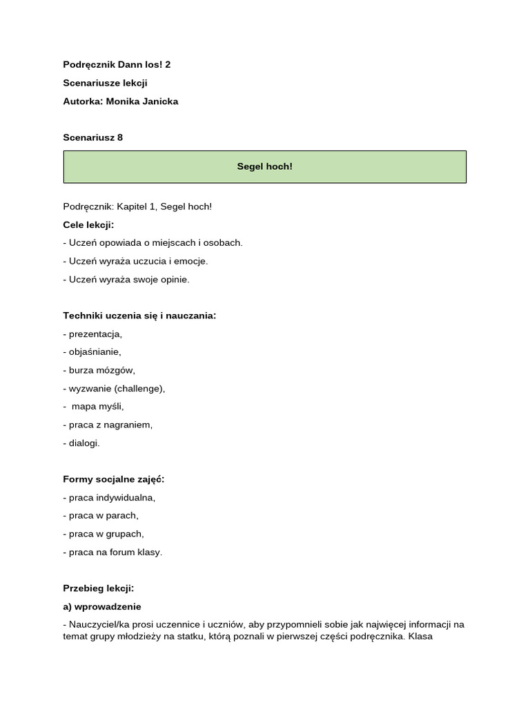 Dann Los! 2 Scenariusz Lekcja 8 | PDF