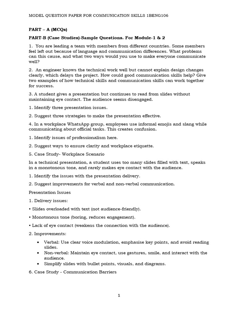 Communication Skills-M-1&2 Model Question Paper | PDF | Body Language ...