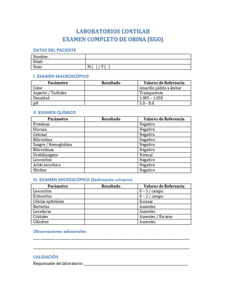 Examen Completo de Orina - Resultados EGO | PDF | Especialidades ...