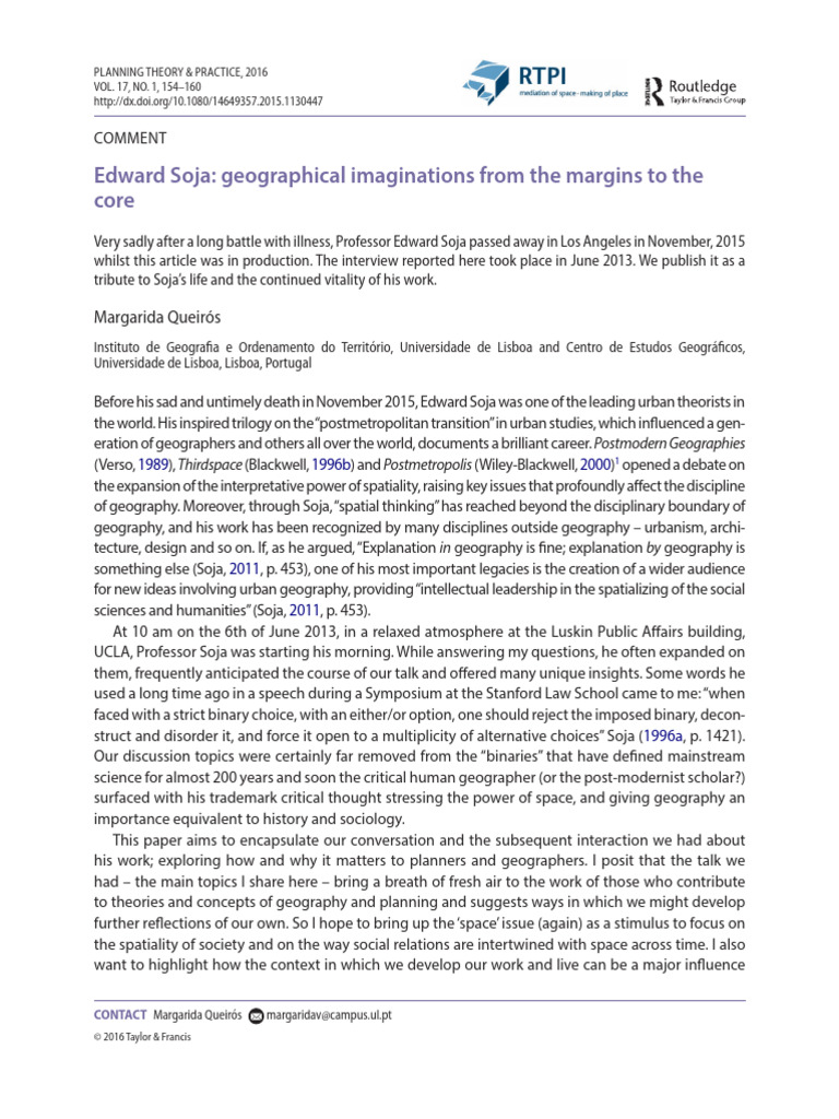 Edward Soja: Geographical Imaginations From The Margins To The Core ...