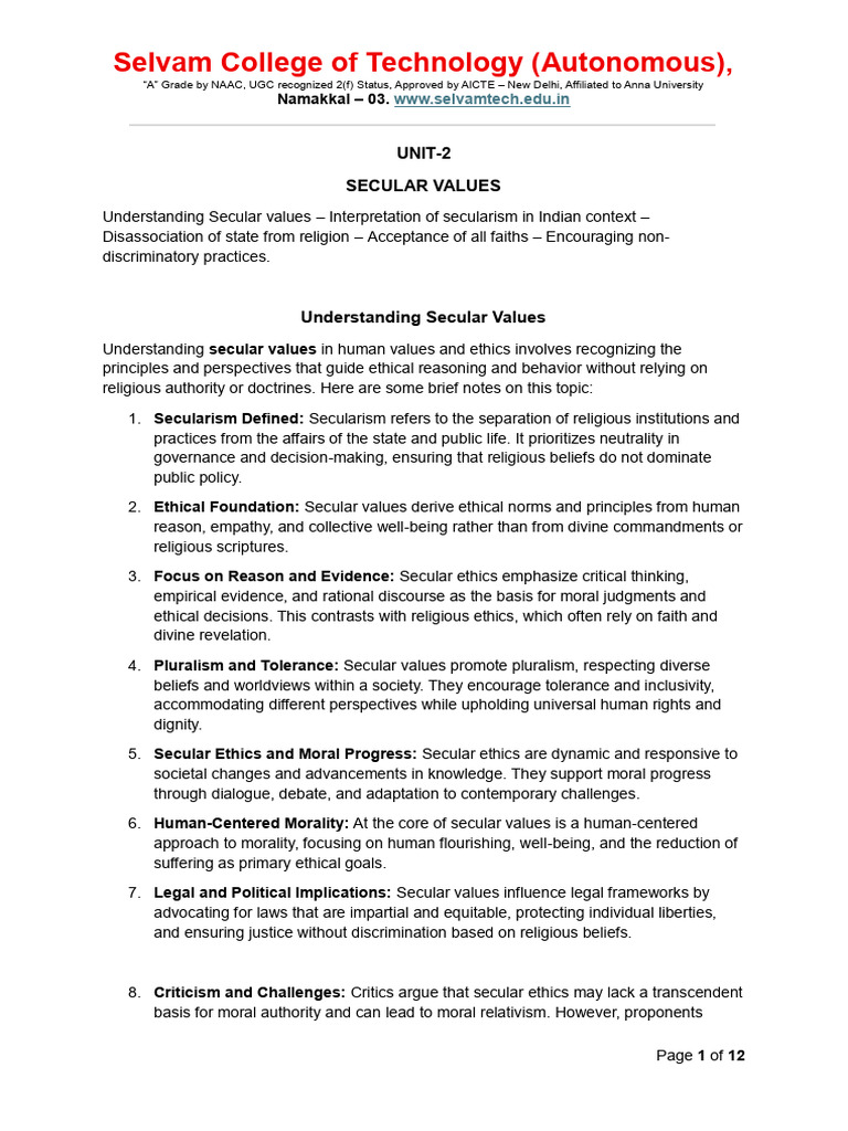 Human Values Ethics Unit 2 Material 1 1 (1) | PDF | Secularism | Justice