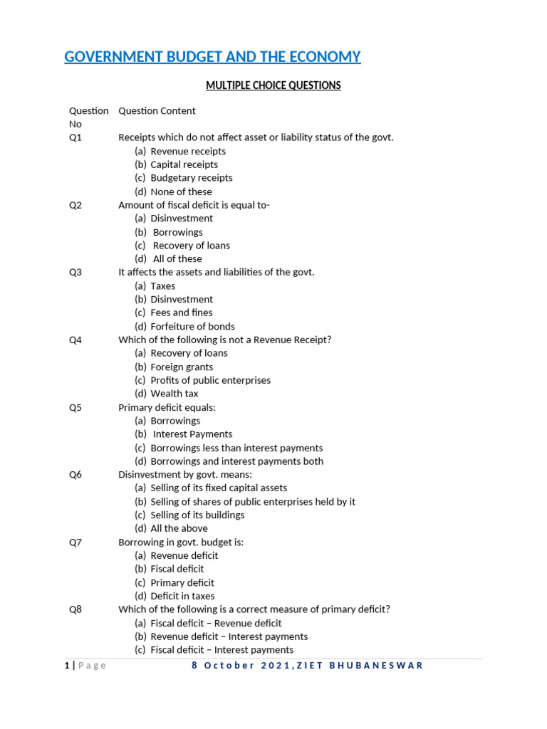 Government Budget MCQs for Economics | PDF | Government Budget Balance ...