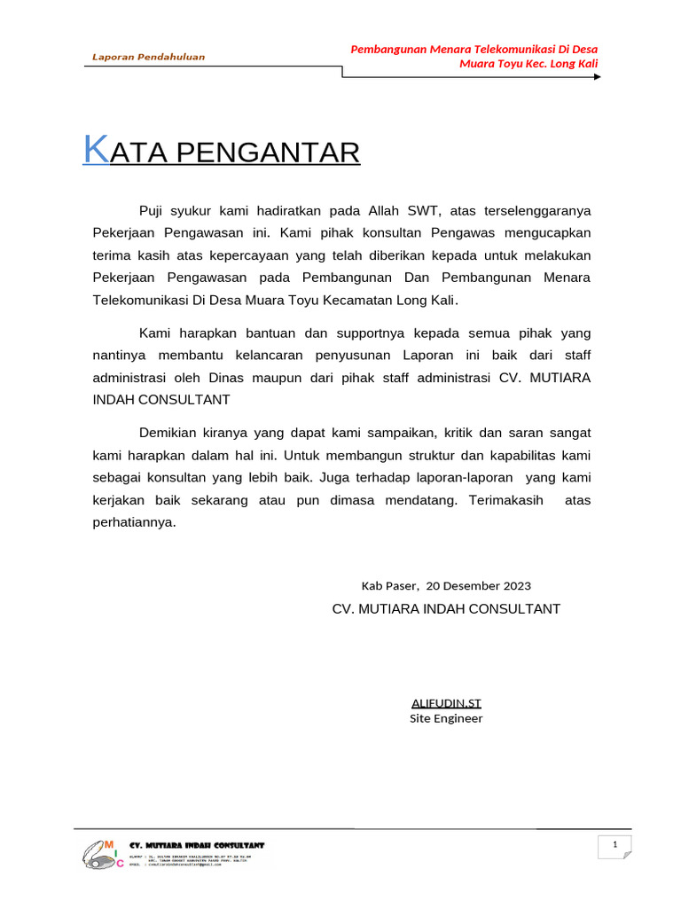 001 Laporan Pendahuluan Cv Mutia 2023 | PDF