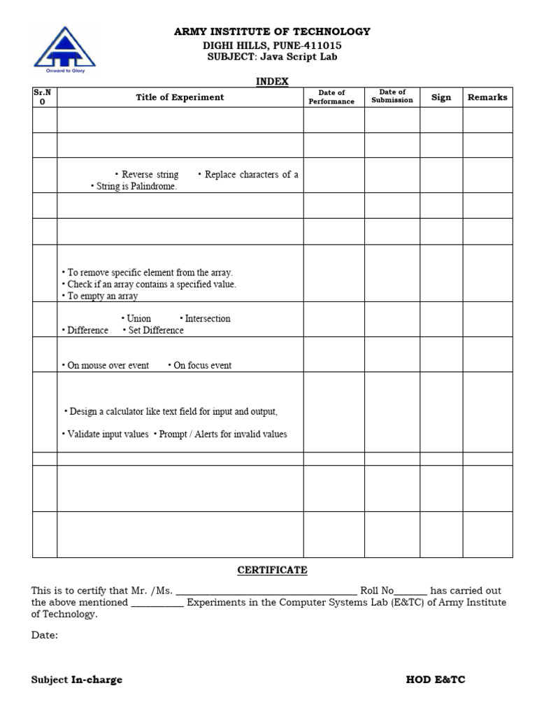 Index Sheet JS Lab 2025-26 Updated | PDF | Java Script | Multiplication