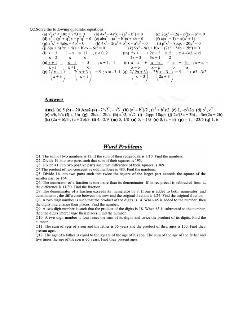 Quadratic Equations Word Problems | PDF