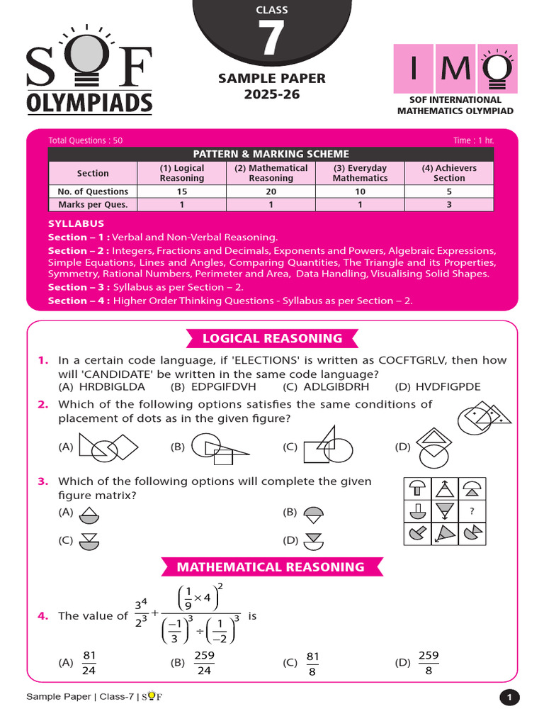 Imo Sample Paper Class-7 2025-26 | PDF | Mathematics | Arithmetic