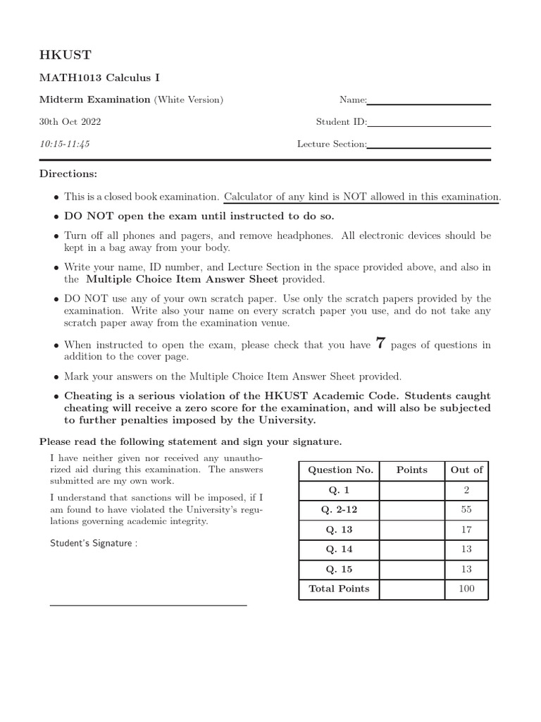 (MATH1013) (2022) (F) Midterm Mkyu 61906 | PDF | Multiple Choice ...