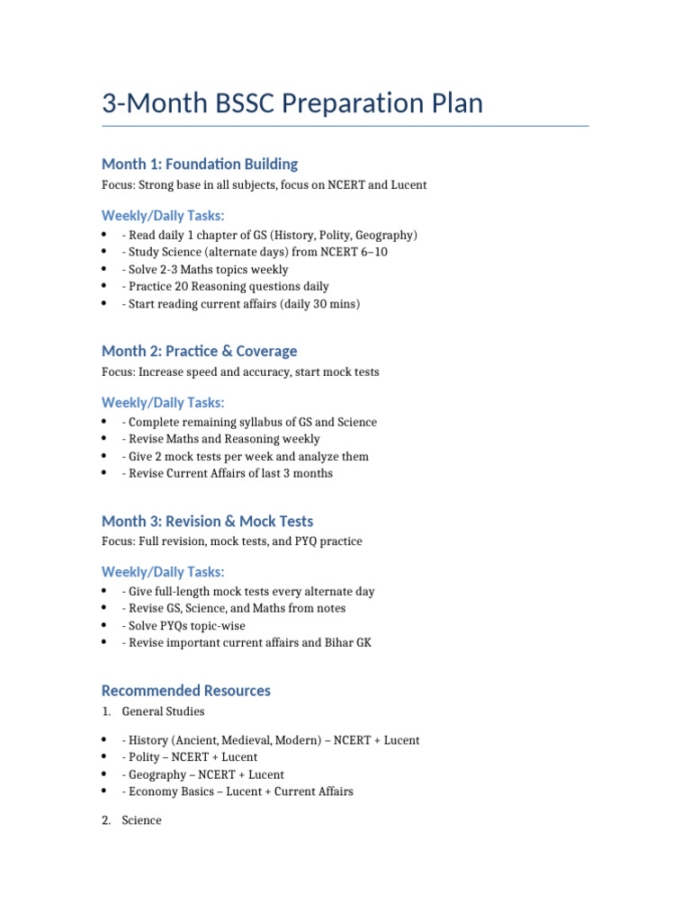 BSSC 3 Month Study Plan | PDF