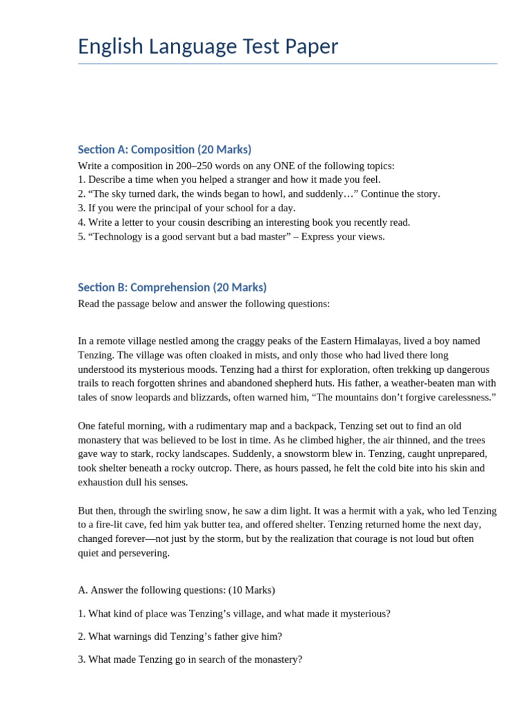 Class 6 Advanced English Test ICSE (AutoRecovered) | PDF | Noun | Adjective