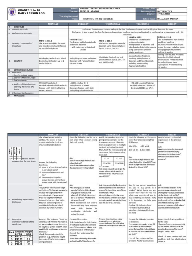 Grade VI Math Daily Lesson Plan | PDF | Multiplication | Learning