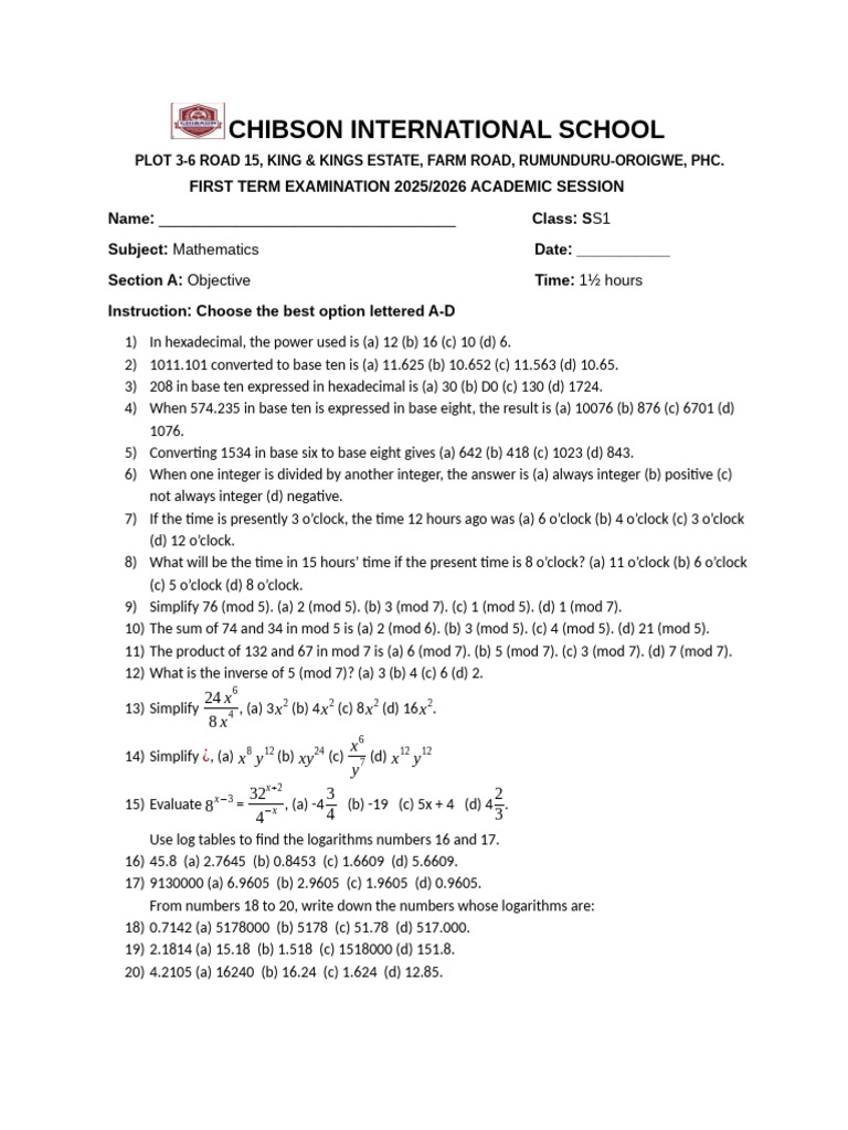 SS1 Mathematics Exam Questions 2025/26 | PDF | Logarithm | Numbers